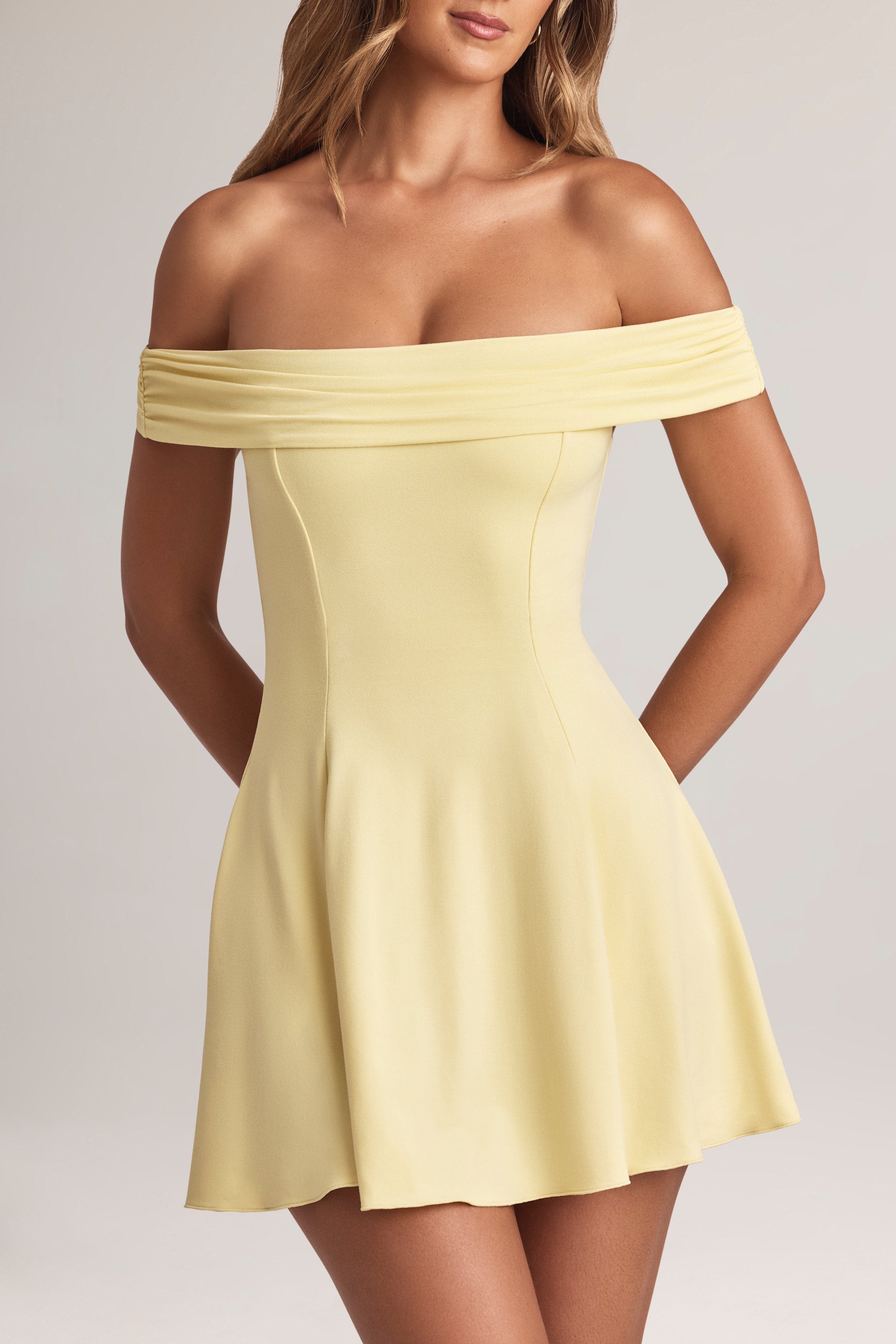 Jaida Modal Off-Shoulder A-Line Mini Dress in Lemon Sherbet | Oh Polly