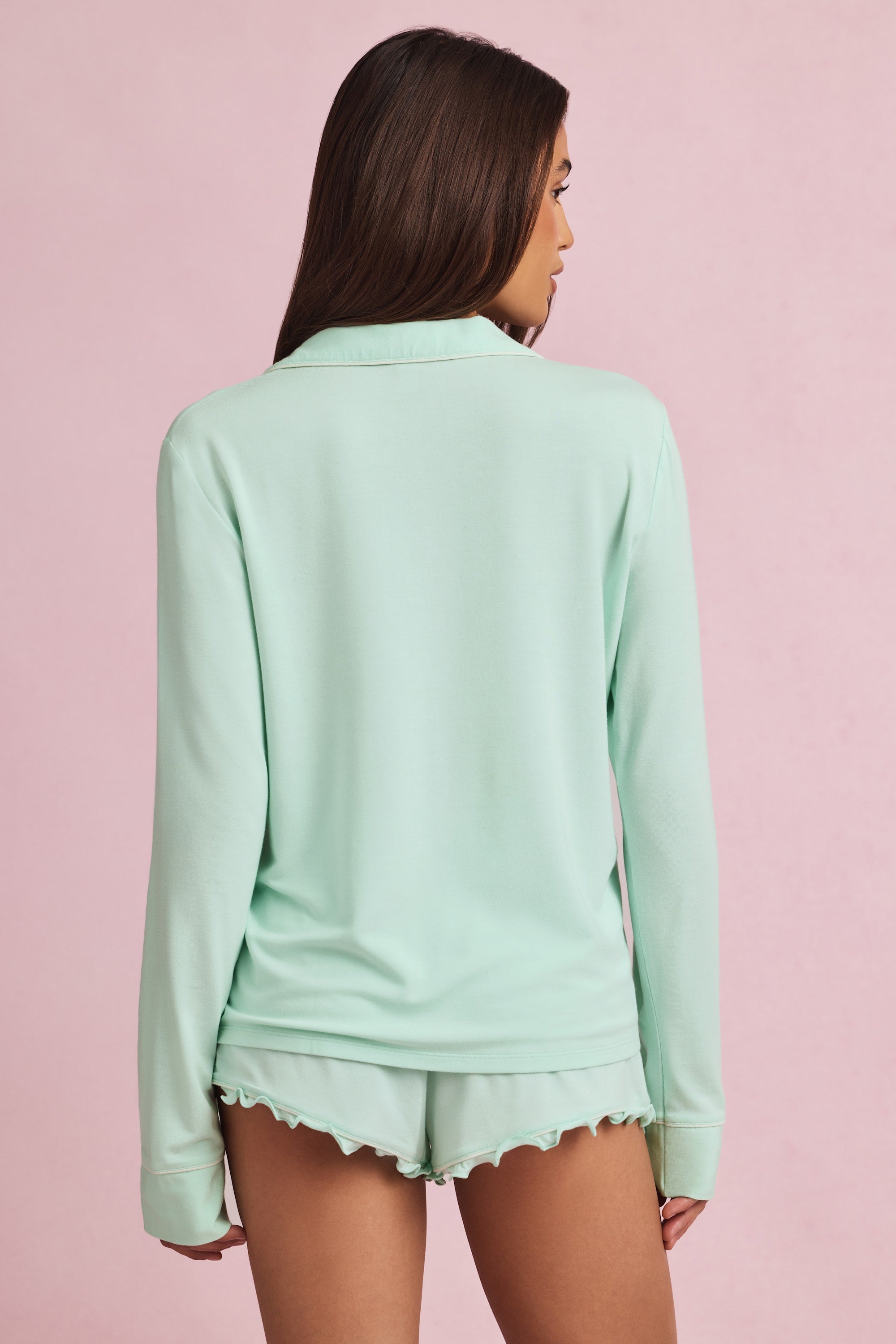 Mirae Bow-Detail Long-Sleeve Pyjama Top in Mint | Oh Polly