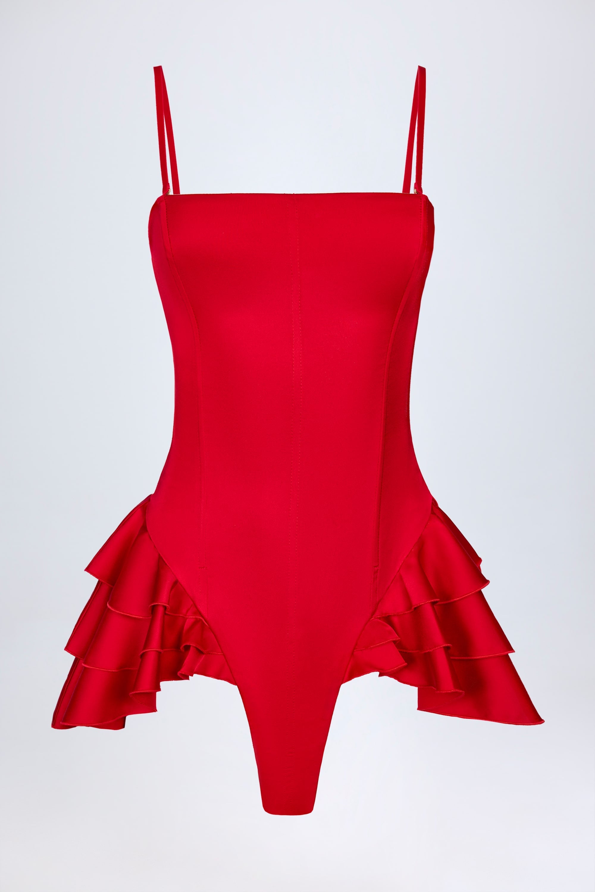 Priaska Ruffled Lace-Up Corset Playsuit in Fire Red | Oh Polly