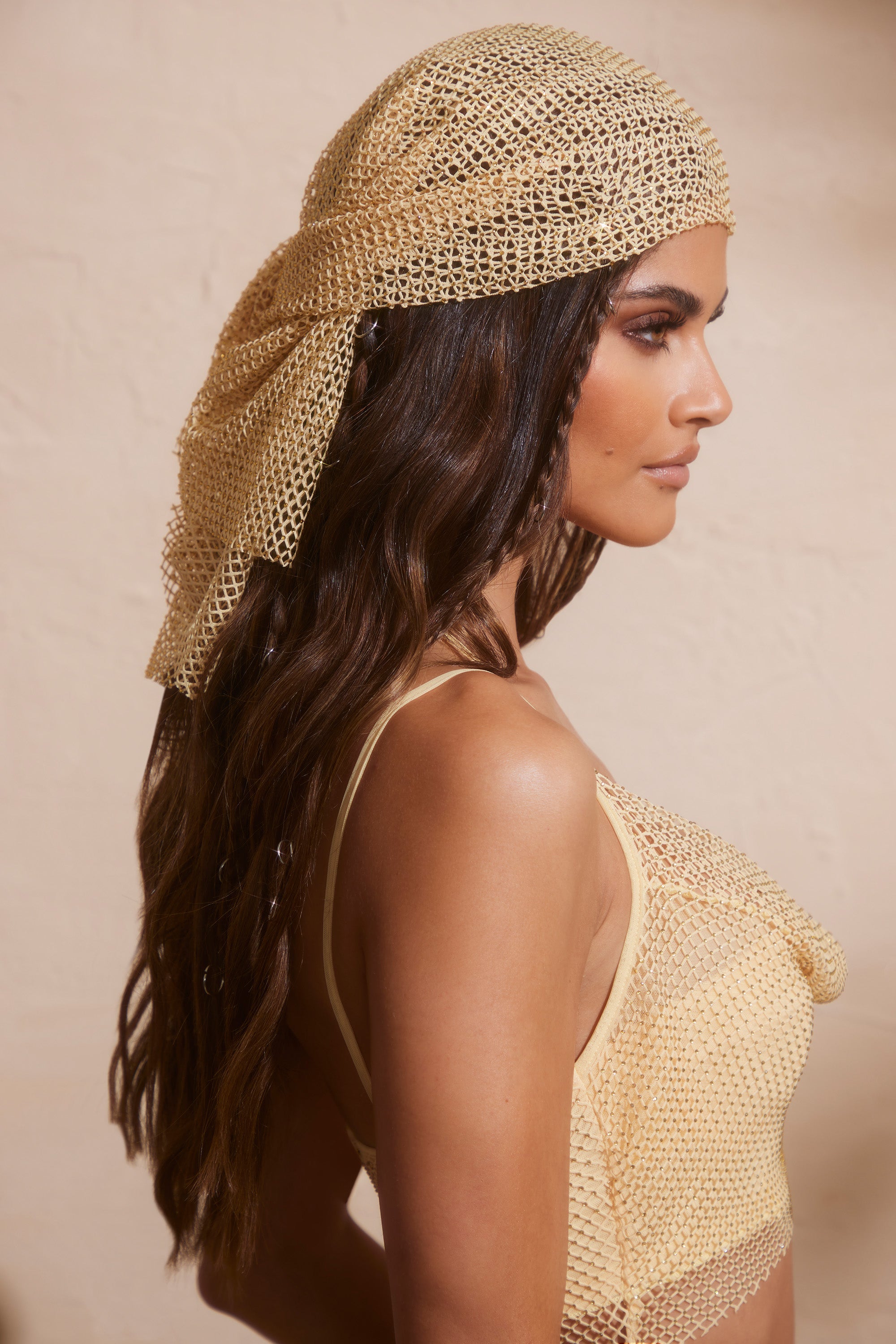 Jai Embellished Fishnet Headscarf in Gold | Oh Polly
