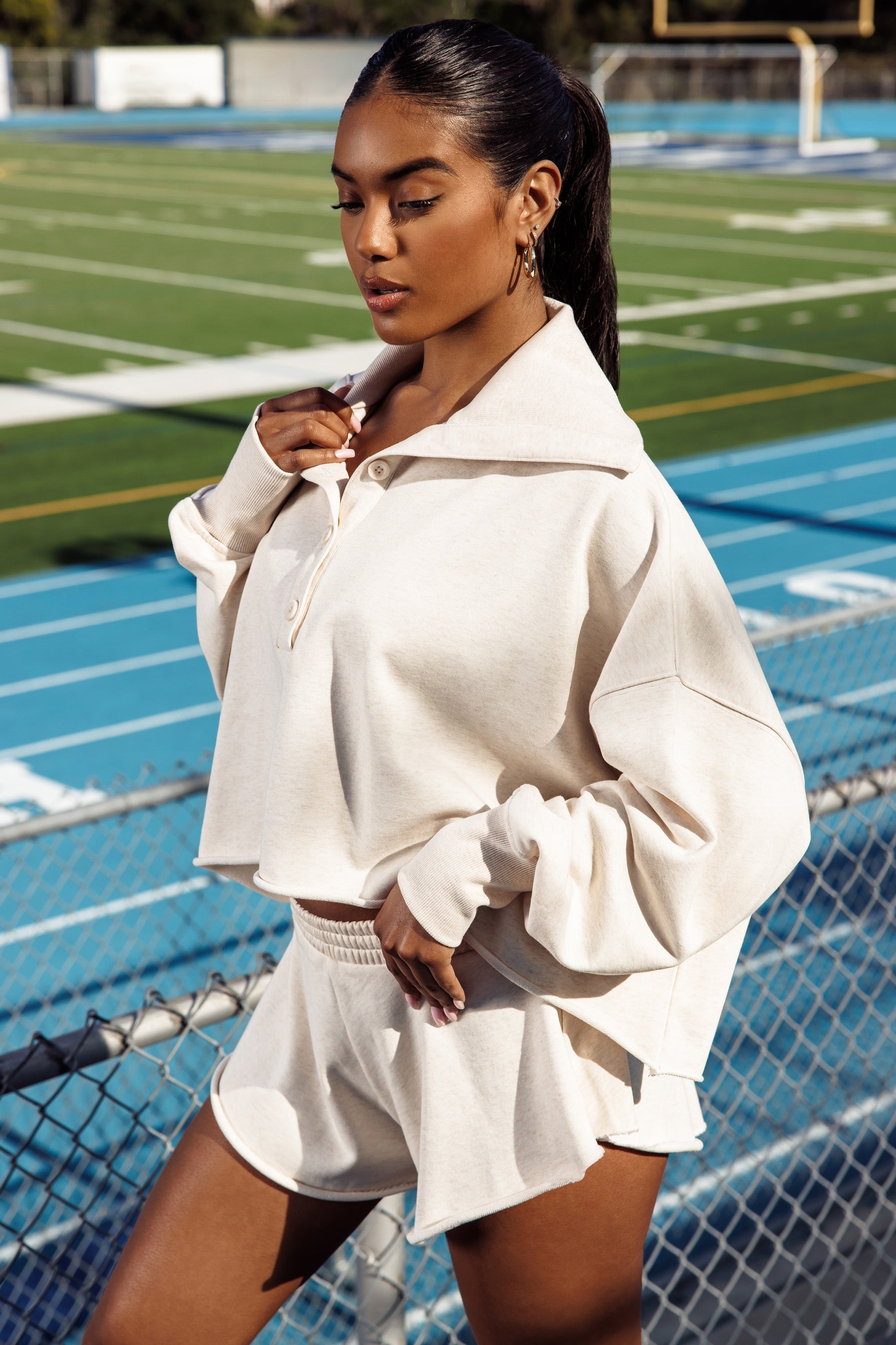 Offset Oversized Polo Neck Jumper in Marled Oat | Oh Polly