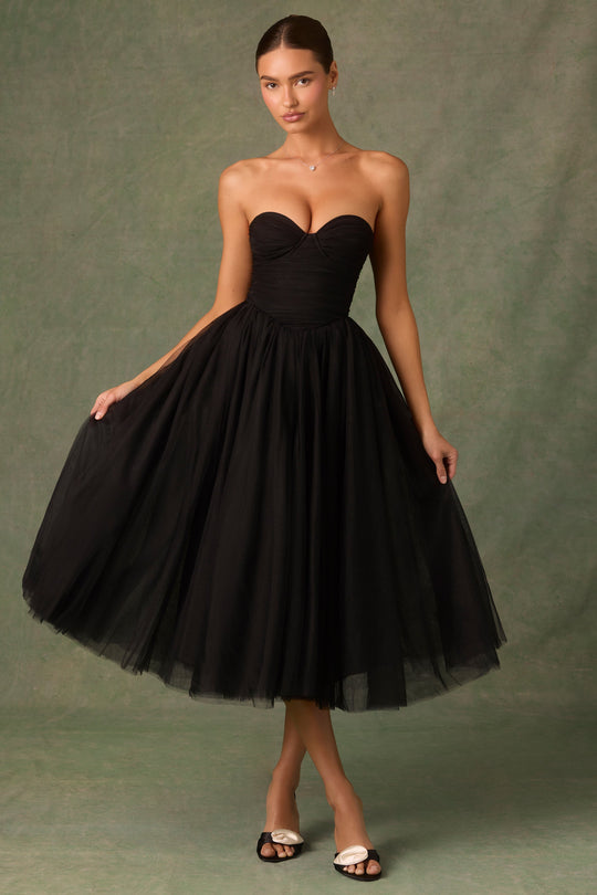 Cindy Tulle Corset Midaxi Dress in Black | Oh Polly