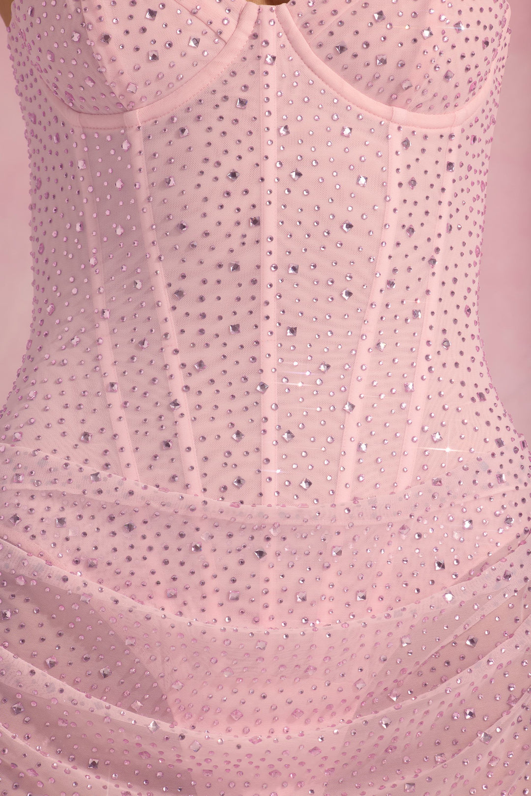 Connie Semi-Sheer Embellished Draped Corset Mini Dress in Pink | Oh Polly