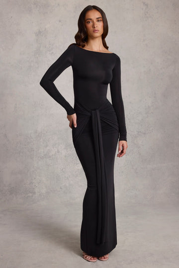 Mericia Draped Ruched Maxi Dress in Black | Oh Polly