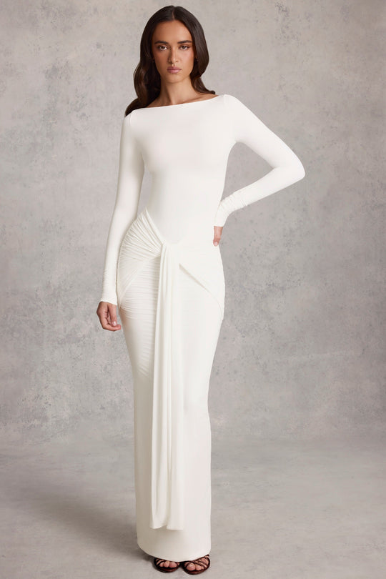 Mericia Draped Ruched Maxi Dress in White | Oh Polly
