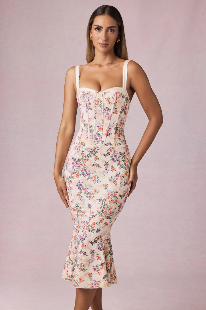 Valentina Layered Bra-Detail Fishtail Midaxi Dress in Primrose Floral ...